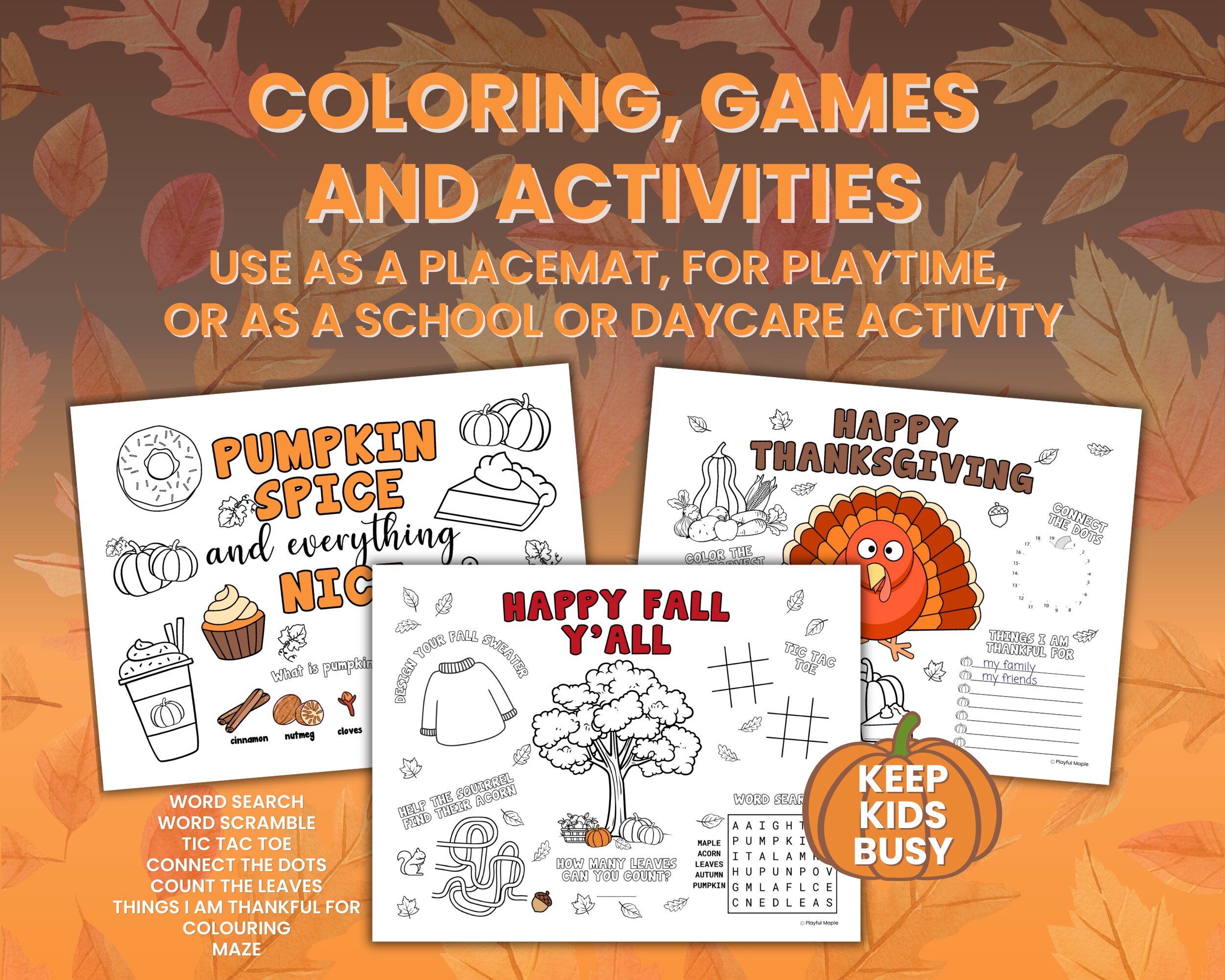 Fall Activity Placemats Printable Fall Coloring Pages Kids Fall ...