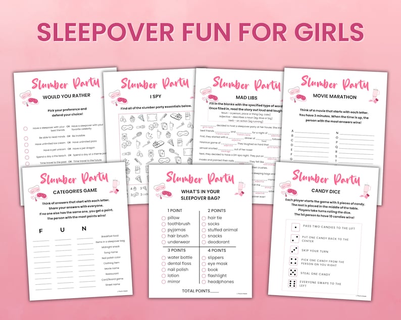 Slumber Party Game Bundle Printable Sleepover Activities Girl Pajama ...