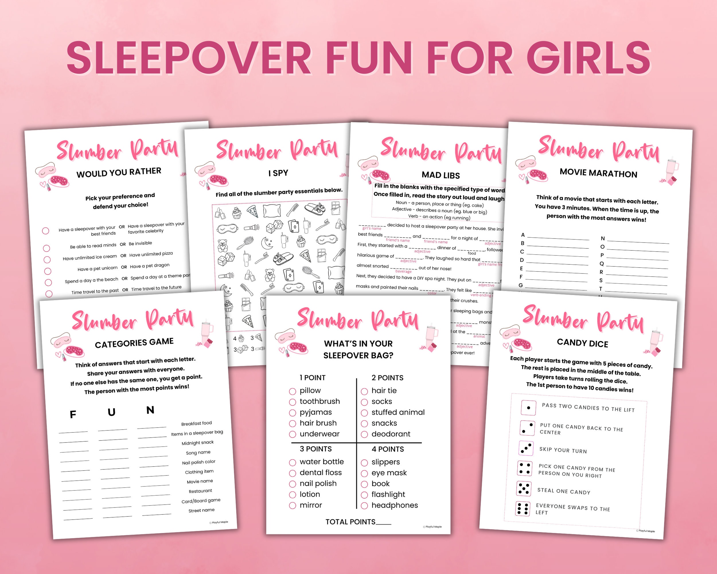 Slumber Party Game Bundle Printable Sleepover Activities Girl Pajama ...