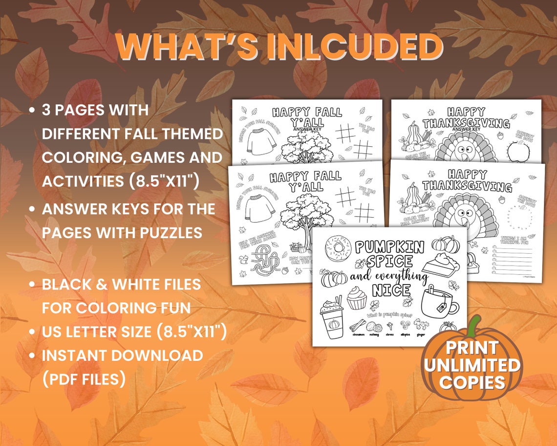 Fall Activity Placemats Printable Fall Coloring Pages Kids Fall ...