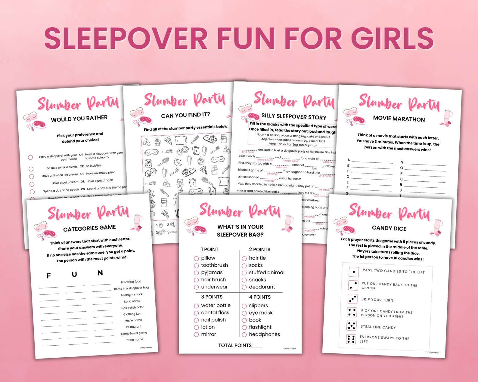 Slumber Party Game Bundle Printable Sleepover Activities Girl Pajama ...