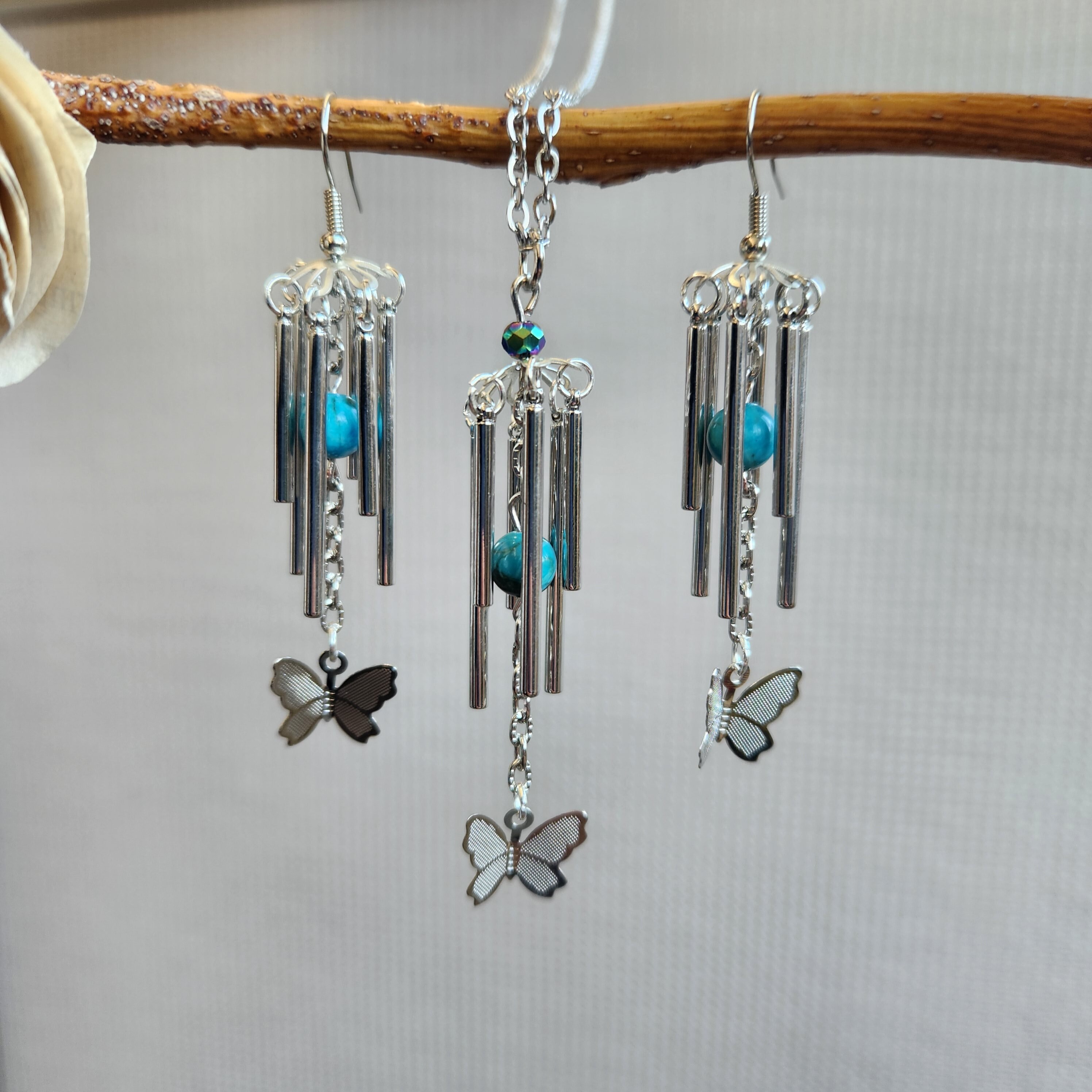 Custom Silver Windchime Inspired Necklace and Earrings Set With Stone ...