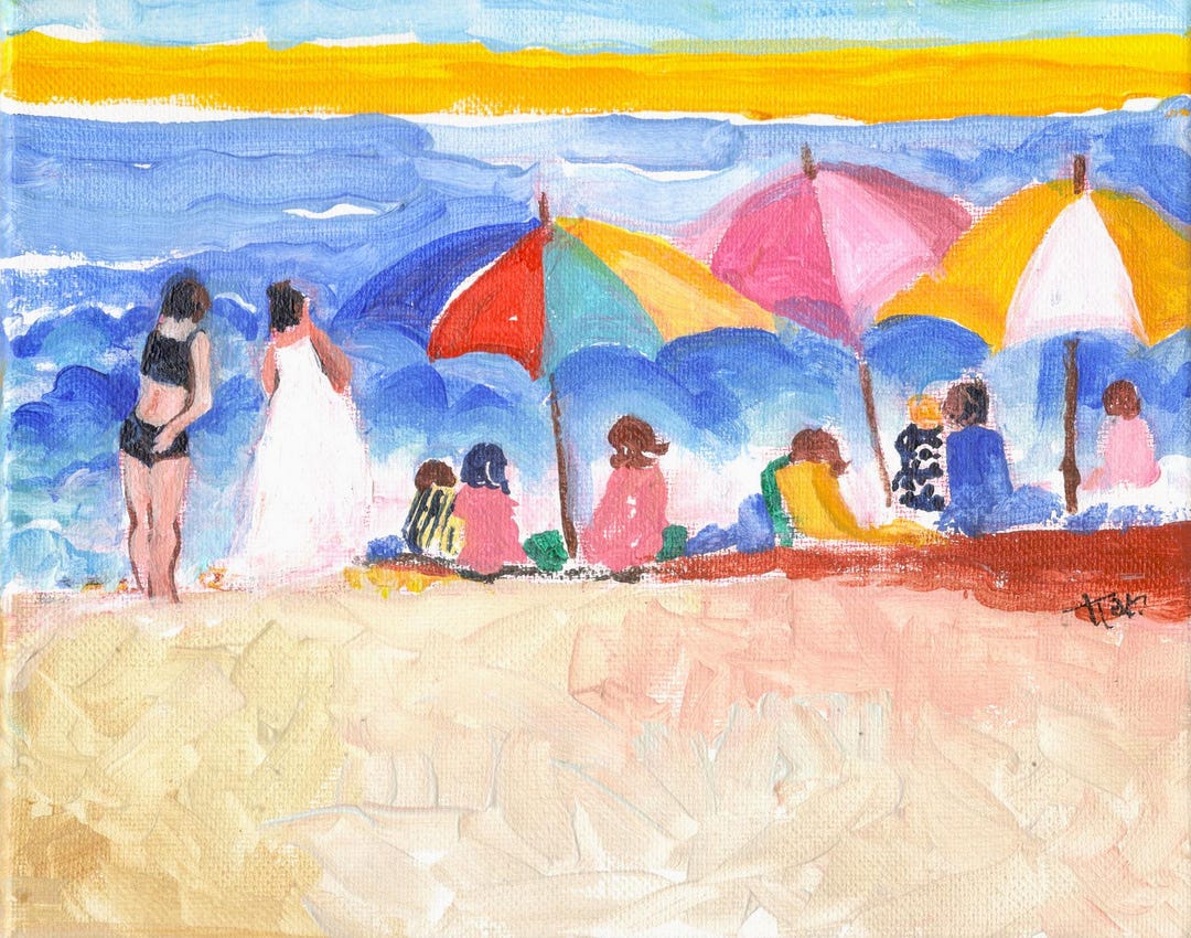 Beach With Umbrellas, Original 8" X 10" Acrylic Painting by Karlene ...