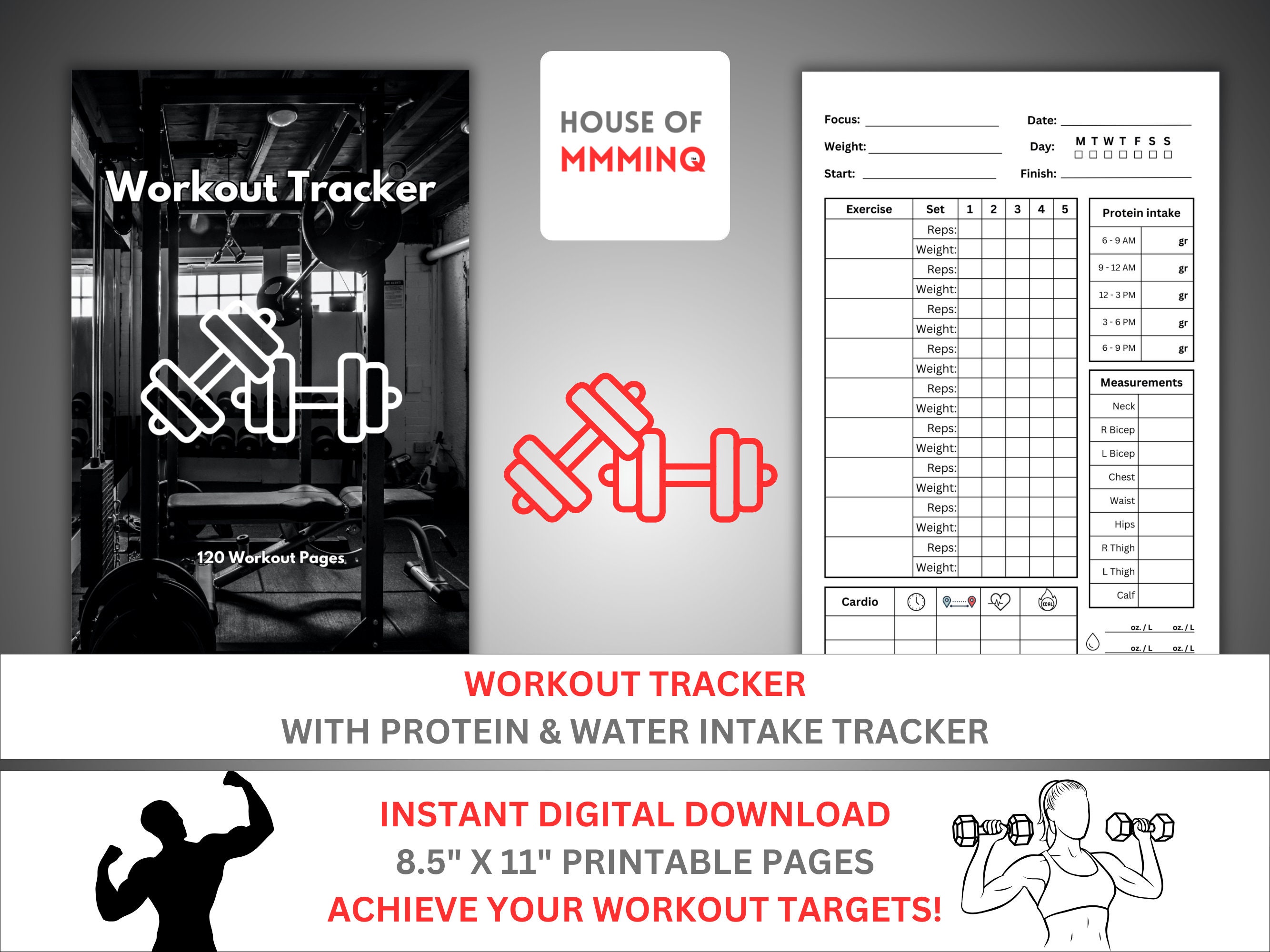 Workout Tracker Exercise Log Book Protein & Water Intake Tracker Weight ...