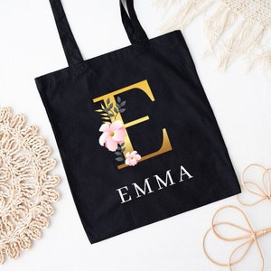 Custom Letter Tote Bag, Personalized Floral Initial Tote, Flower ...
