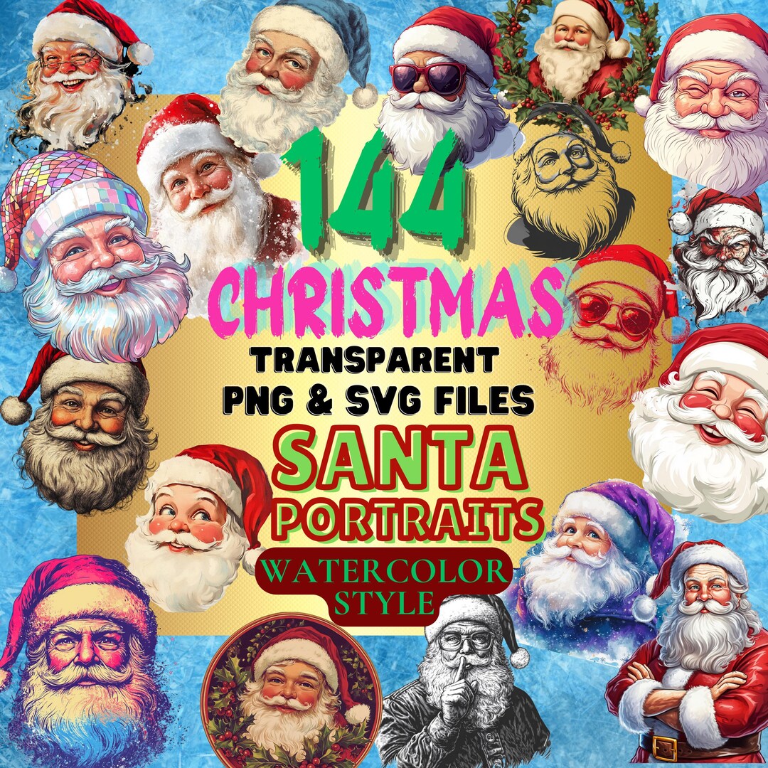Santa Portraits Christmas PNG, Watercolor Santa Clause SVG Art, Digital ...