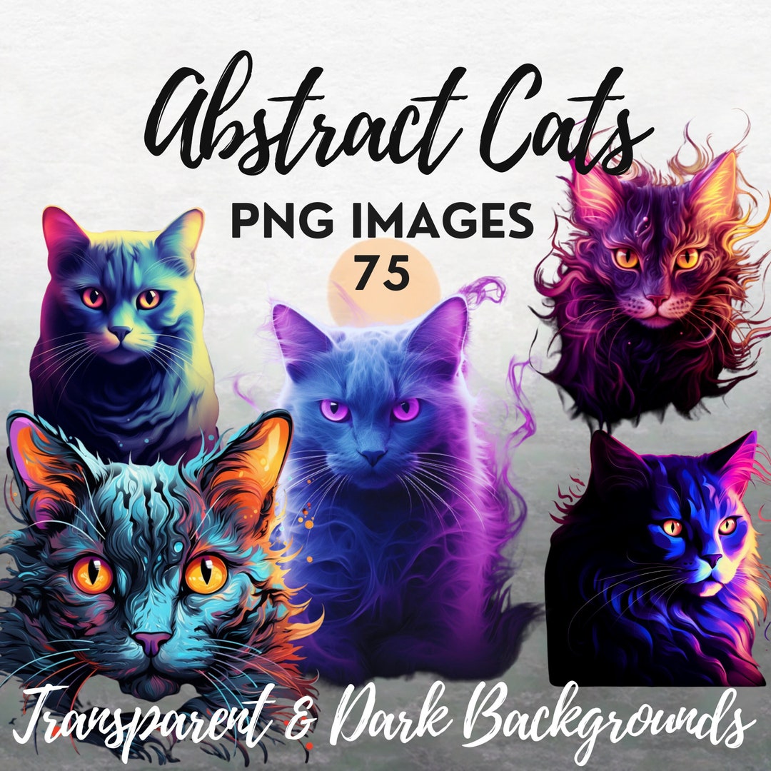 Abstract Cat Art, Dark Neon Contemporary Art, Smokey Colorful, Digital ...