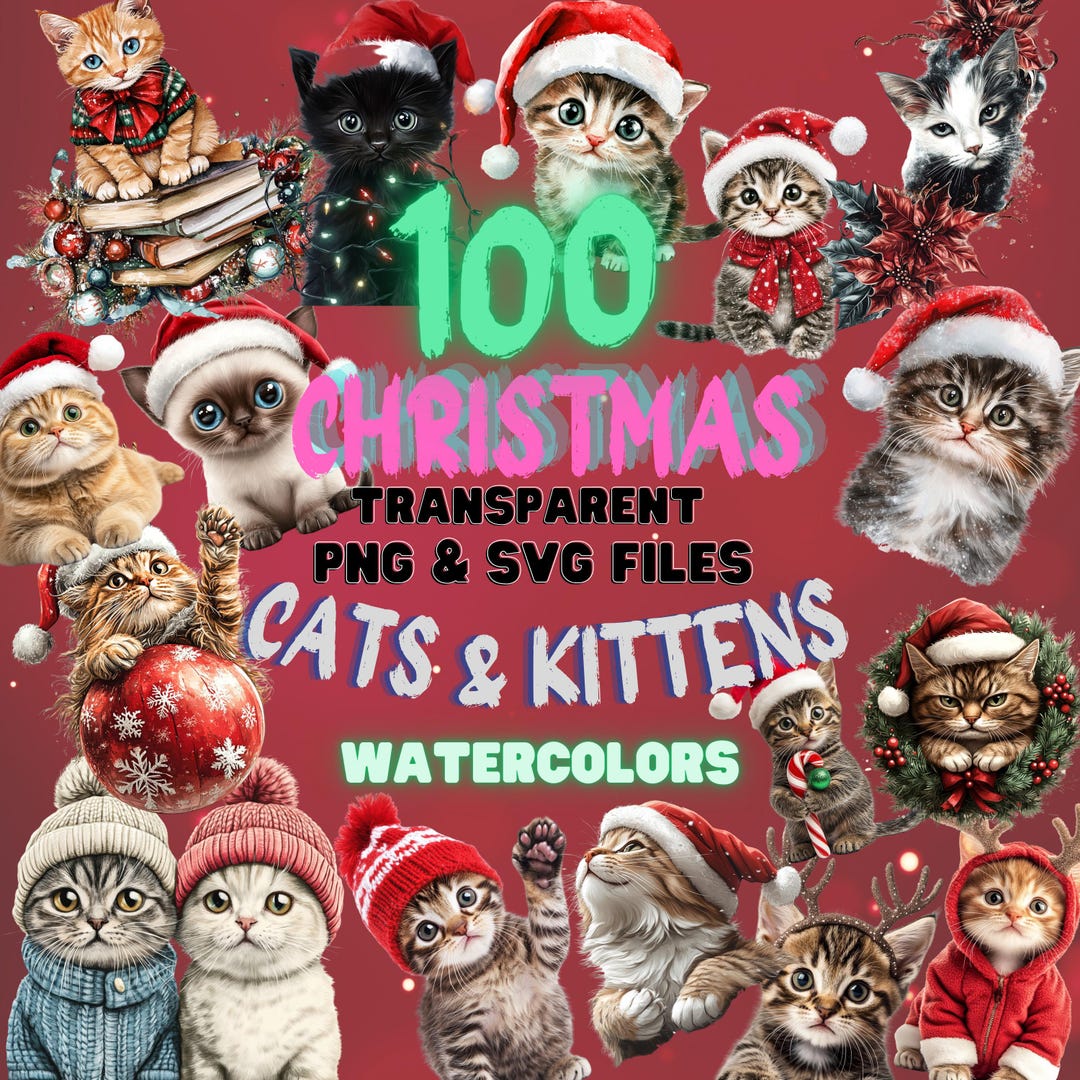 Christmas Watercolor Cats PNG, Holiday Kittens SVG, Cat Clipart, Santa ...