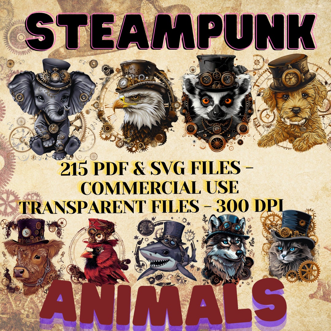 Steampunk Animal Clipart Bundle, Rustic Wild Animal Art, Clocks & Gears ...