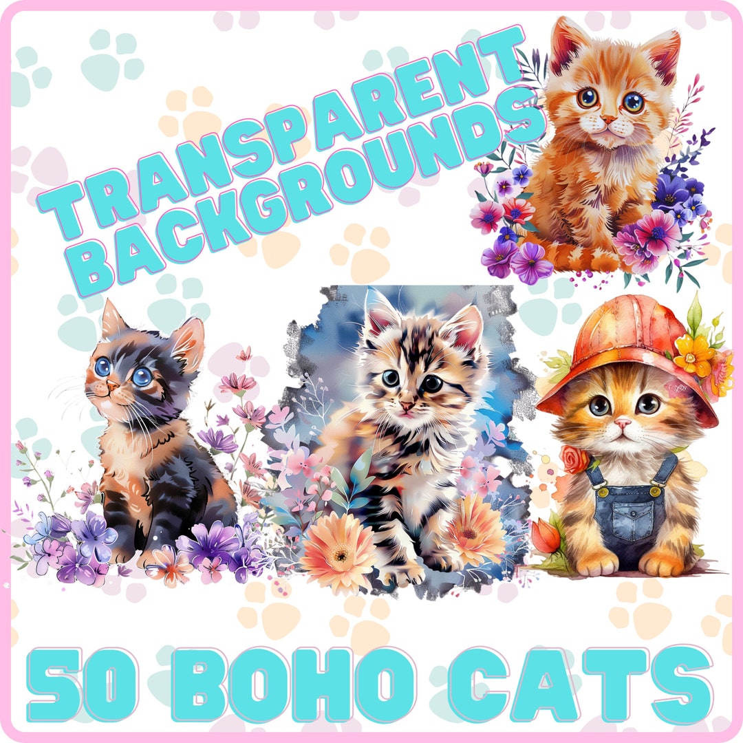 Spring BOHO Kittens & Cats, Watercolor Feline Clipart, Digital Download ...