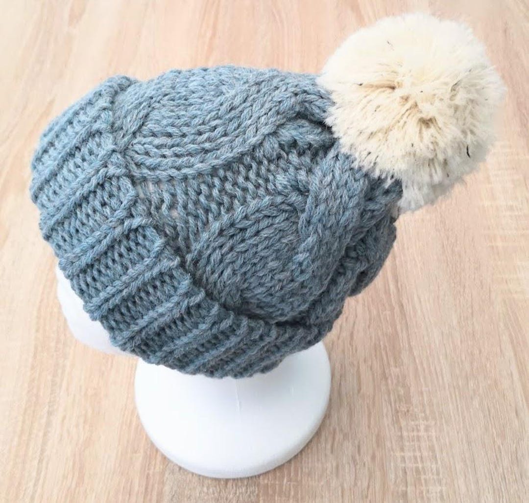 British Wool Bobble Hat. Blue and Cream, Chunky Cable Knit. - Etsy