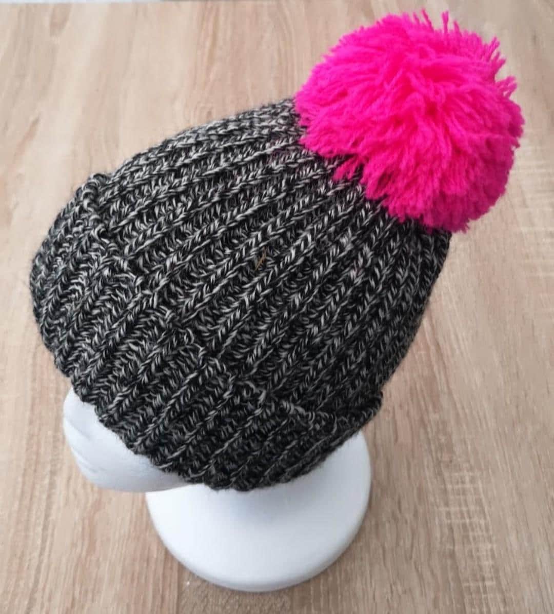 British Wool, Rib Knit, Bobble Hat. Charcoal Cream Mix and Hot Pink - Etsy