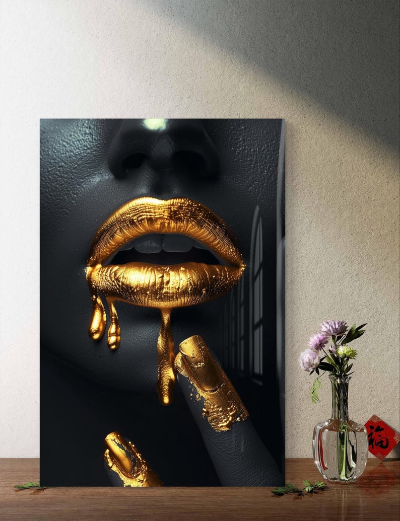 Golden Lips Tempered Glass Wall Art: Modern Beauty Decor - Etsy