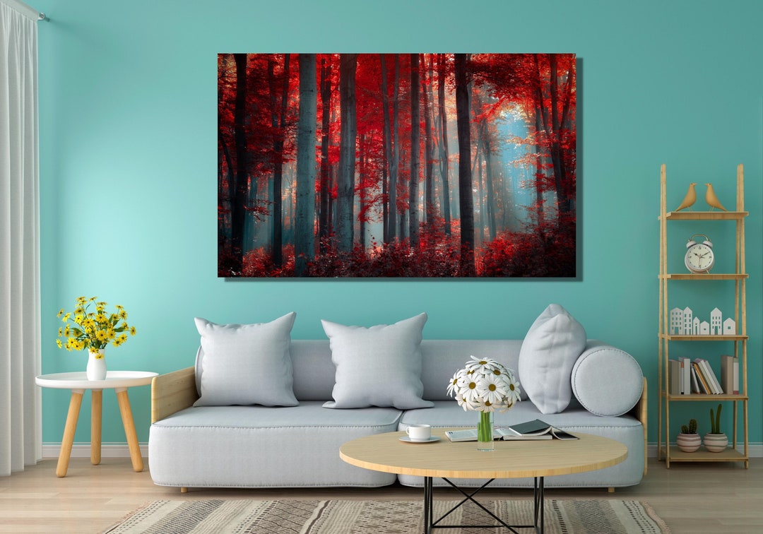 Beautiful Red Tree Park Canvas Poster Art,red Leaves Forest Canvas ...