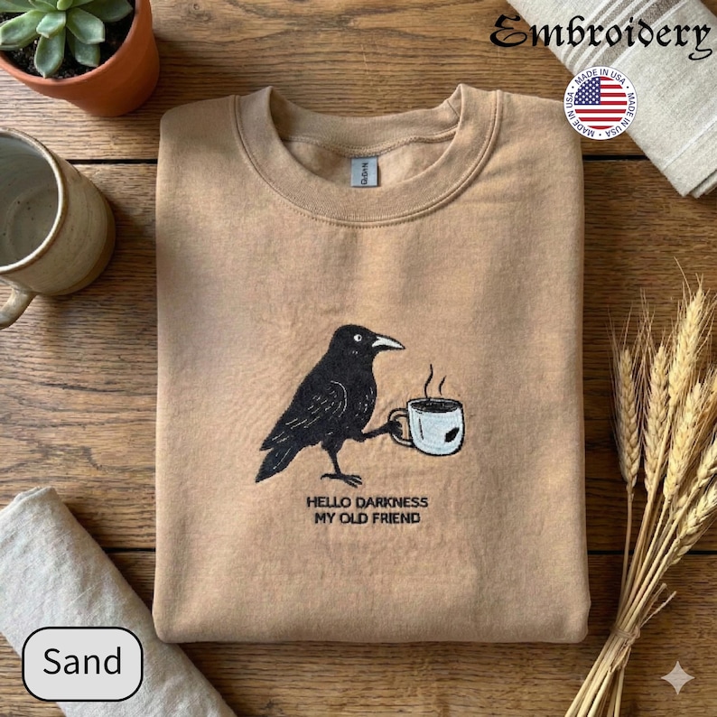 Embroidered Raven Coffee Sweatshirt, Gothic Humor Pullover - Etsy