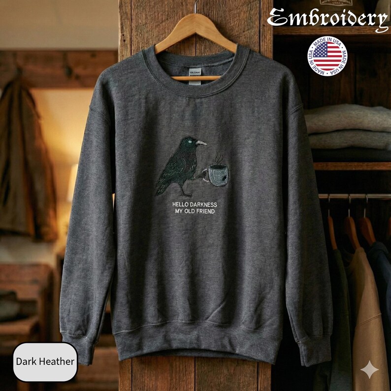 Embroidered Raven Coffee Sweatshirt, Gothic Humor Pullover - Etsy