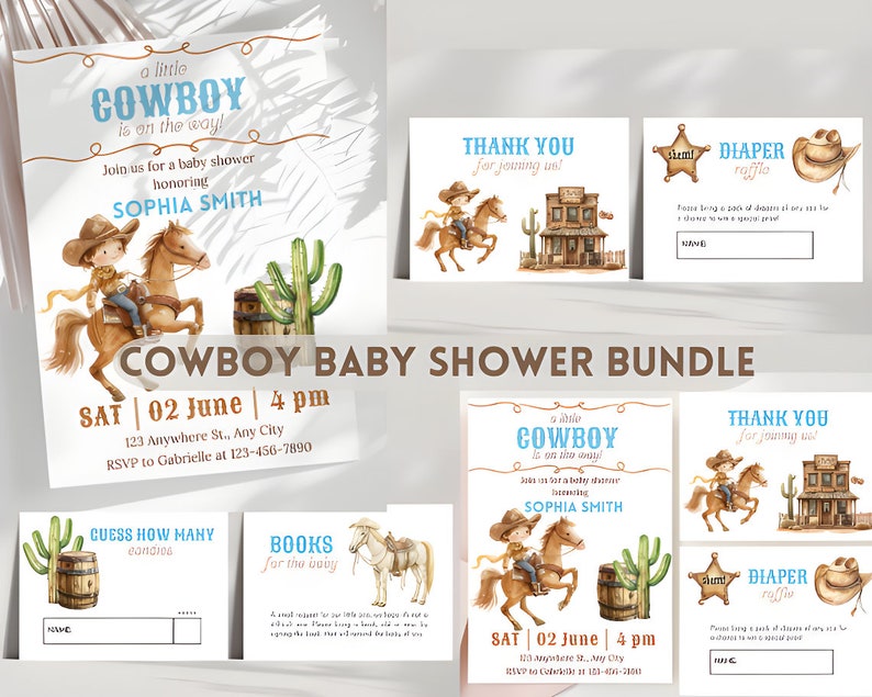 Cowboy Baby Shower Invitation Bundle Set, A Little Cowboy on the Way ...