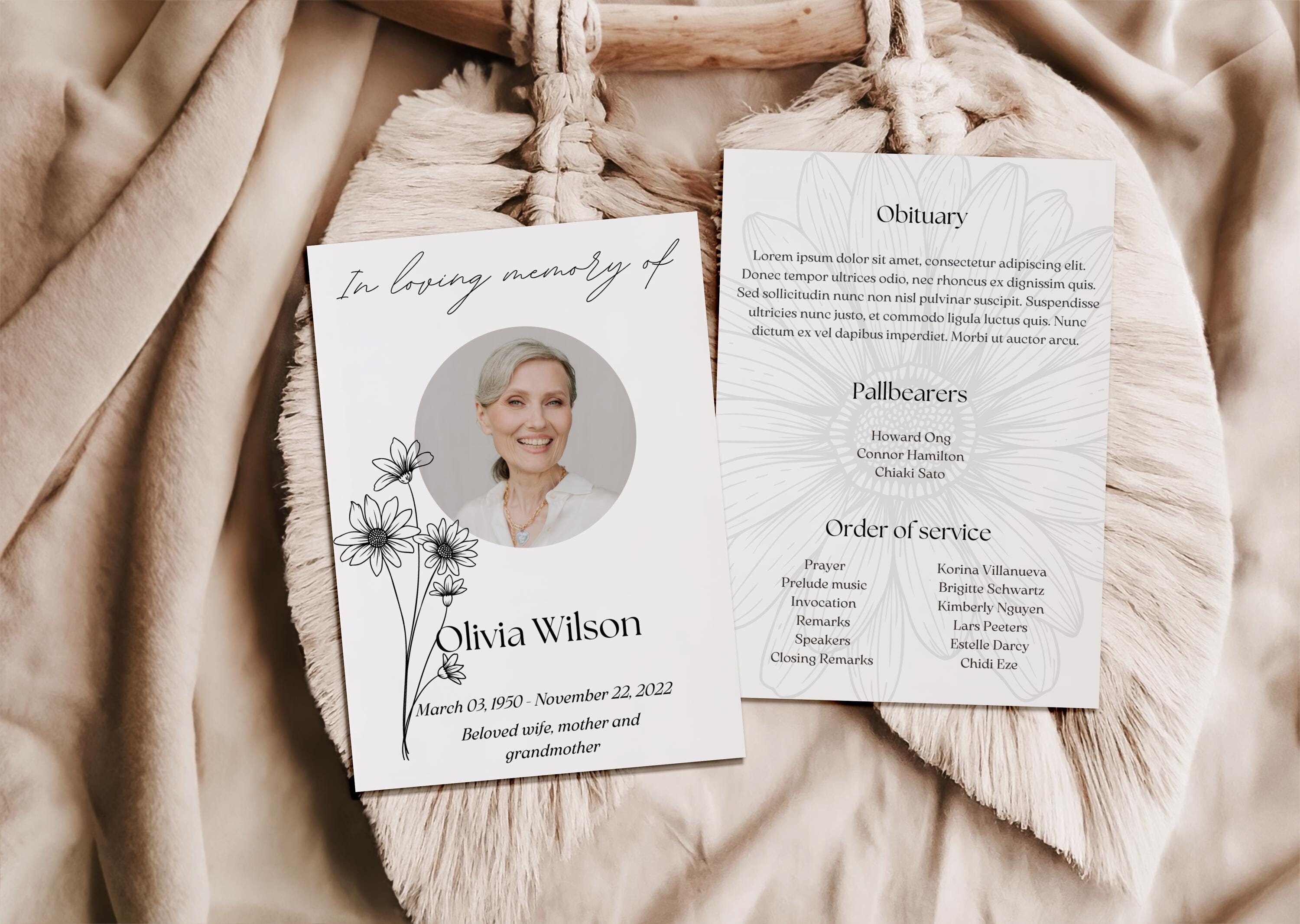 Funeral Program Template for Woman, Black and White Flowers, in Loving ...