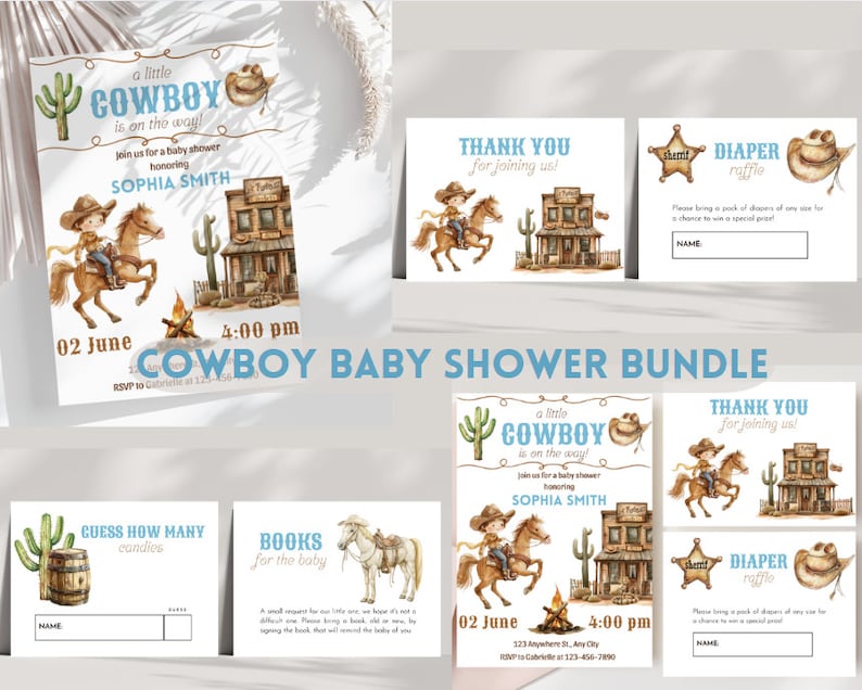 Cowboy Baby Shower Invitation Bundle Set, A Little Cowboy on the Way ...