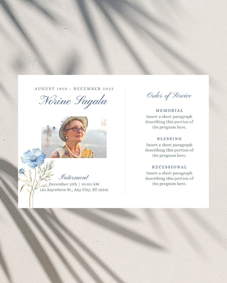 Funeral Program Template, Memorial Service, Floral Blue, Order of ...