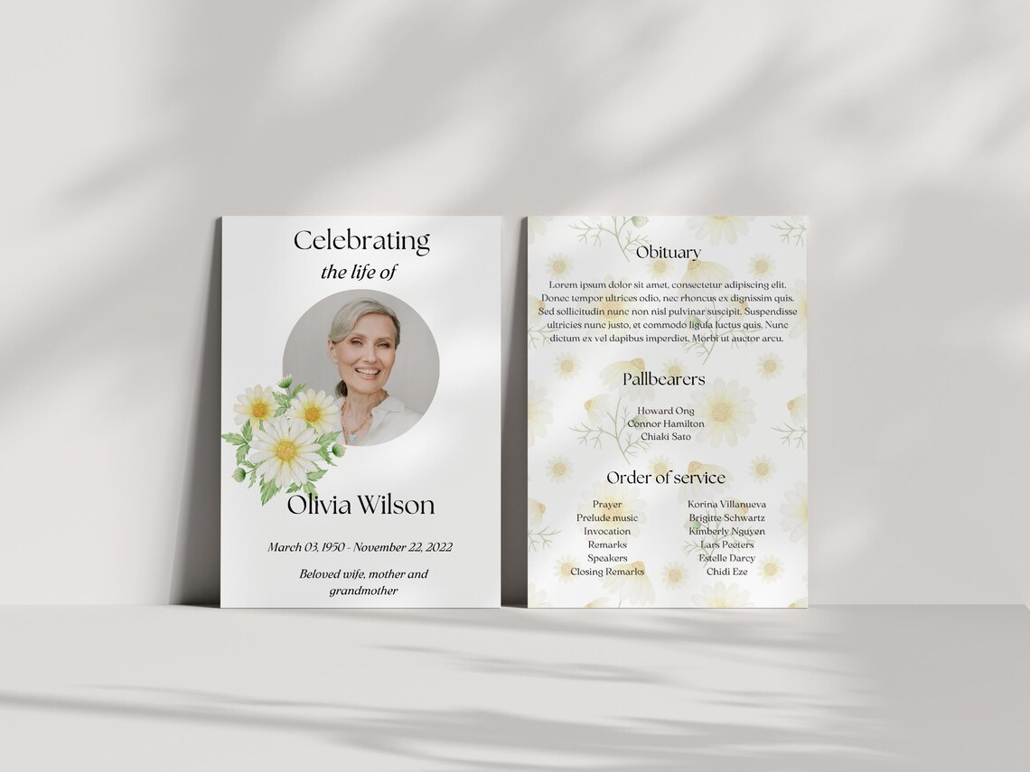 Funeral Program Template for Woman White Yellow Daisies Flowers ...