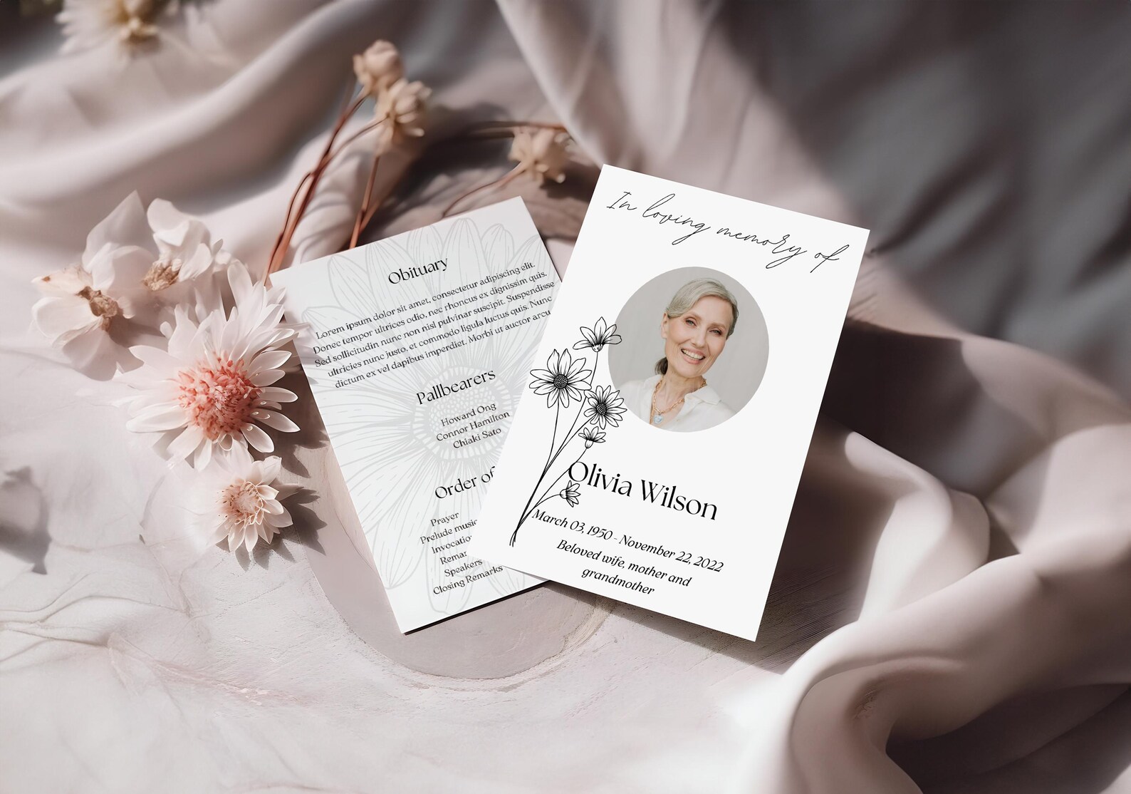 Funeral Program Template for Woman, Black and White Flowers, in Loving ...