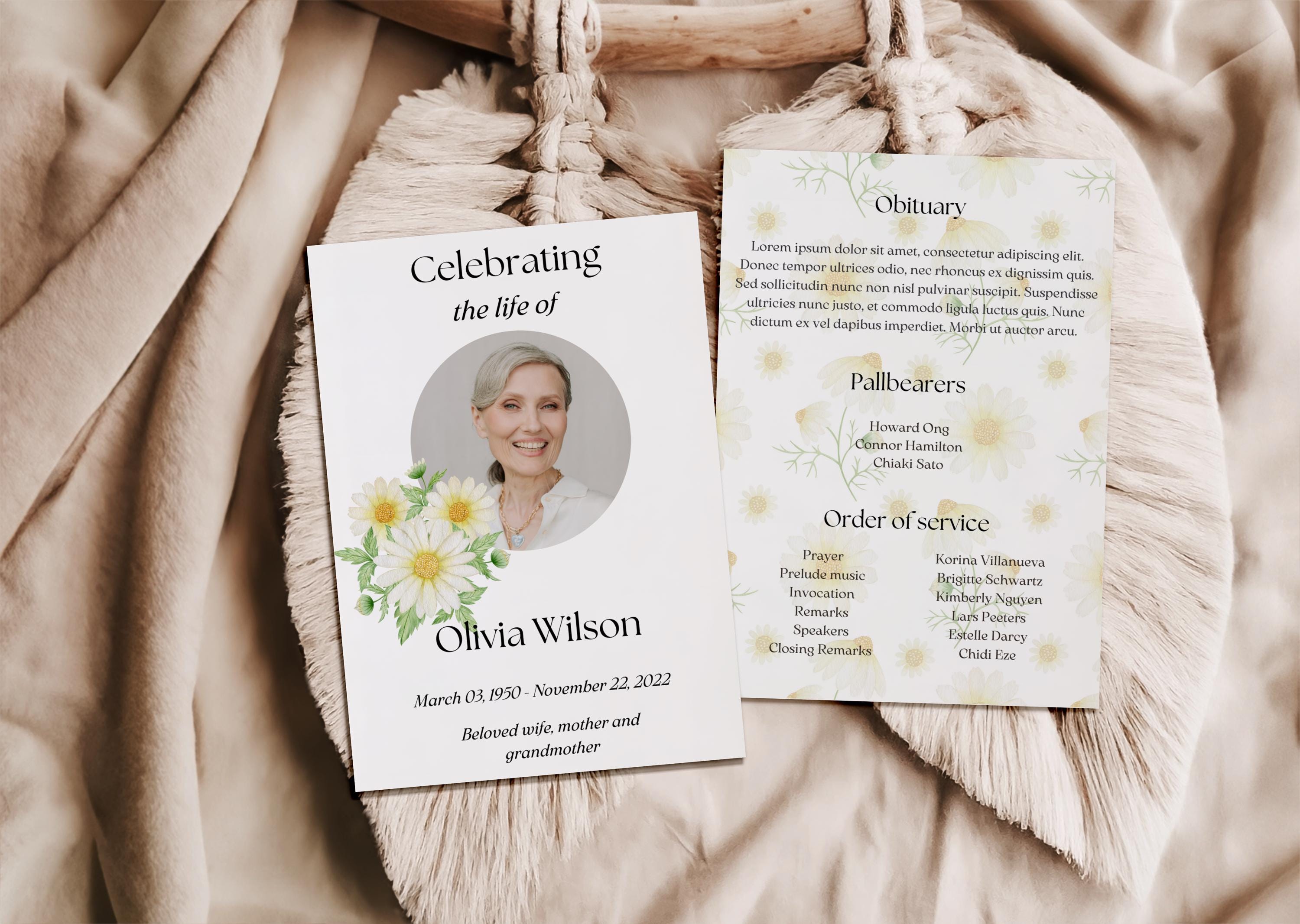 Funeral Program Template for Woman White Yellow Daisies Flowers ...