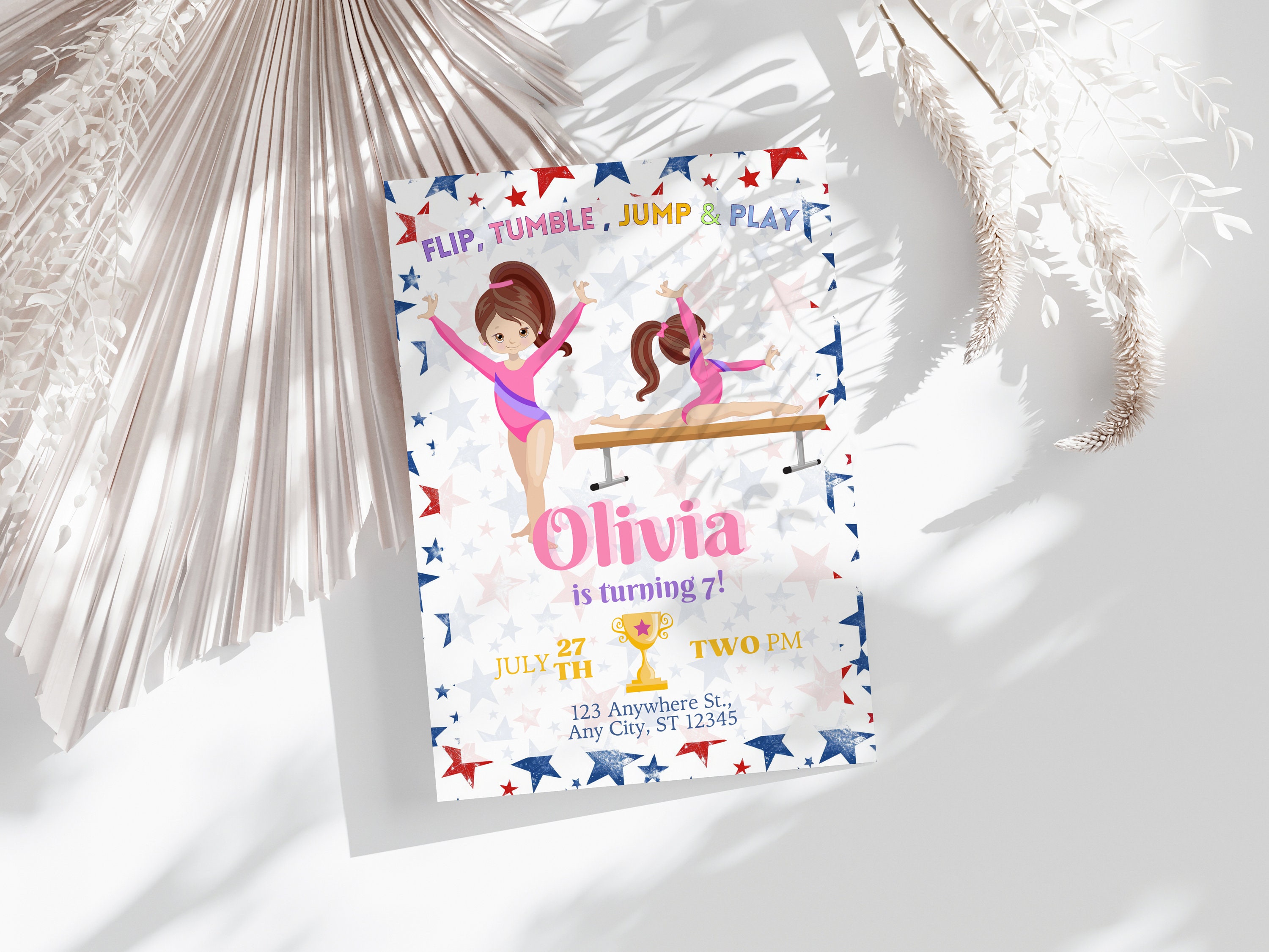 Gymnastics Birthday Invitation USA Theme, Flip Tumble Jump Play Girls ...