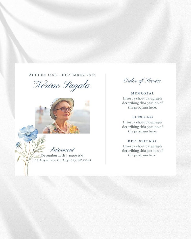 Funeral Program Template, Memorial Service, Floral Blue, Order of ...