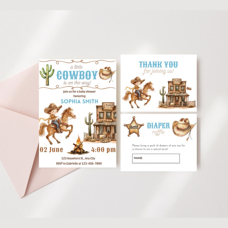 Cowboy Baby Shower Invitation Bundle Set, A Little Cowboy on the Way ...