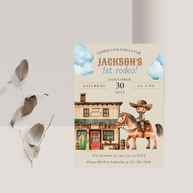 Cowboy First Birthday Invitation, Wild West Party Invite, Saddle Up ...