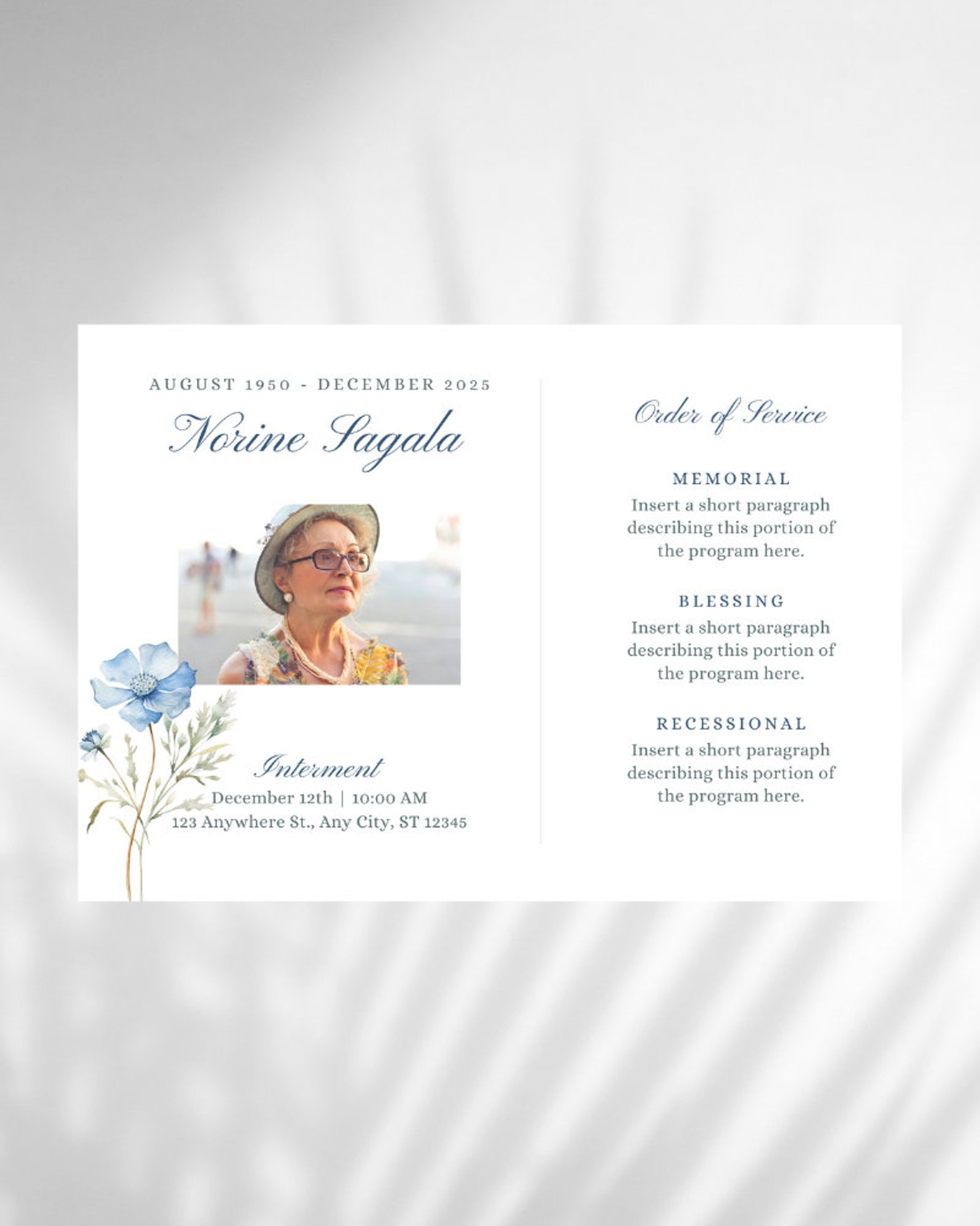 Funeral Program Template, Memorial Service, Floral Blue, Order of ...