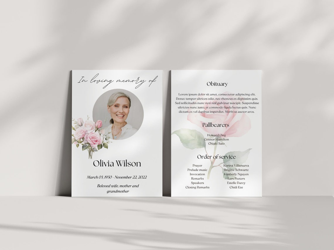 Funeral Program Template for Woman Pink Roses Flowers Celebration of ...