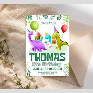 Dinosaur Birthday Invitation, Colorful Dino Party Invite Boys, Green ...