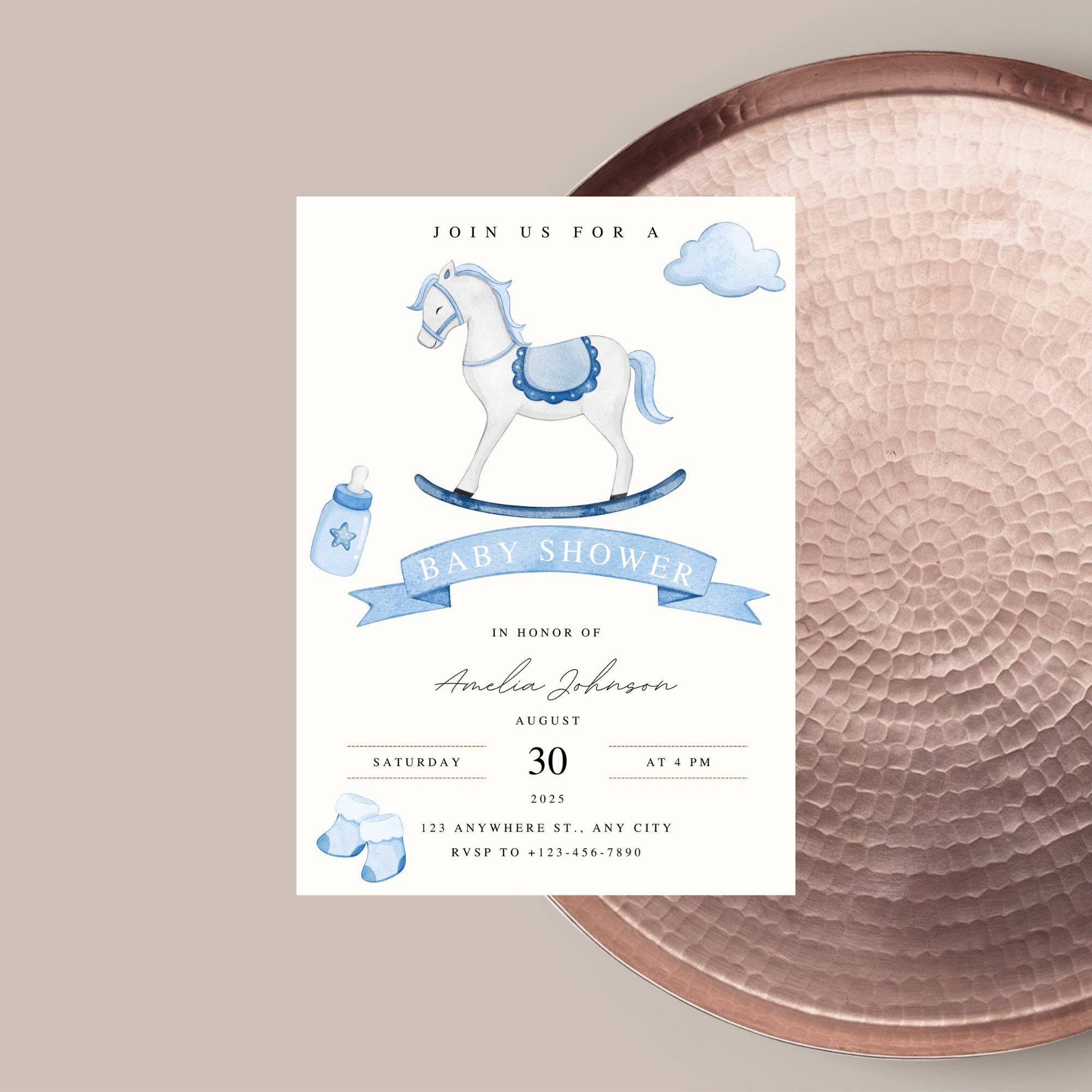 Editable Baby Shower Invitation, Blue Rocking Horse, Invite for A Boy ...