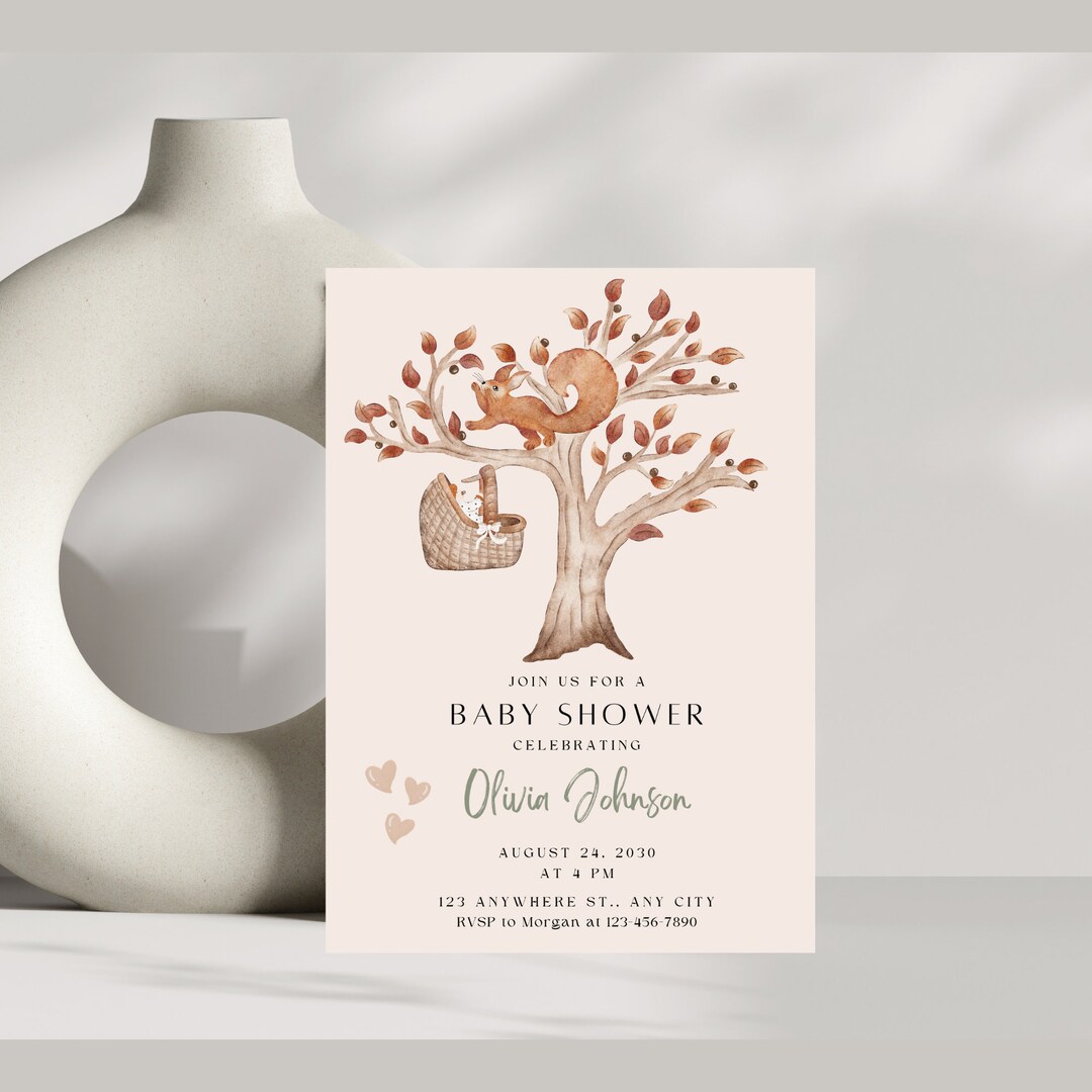 Watercolor Tree Squirrel Baby Shower Invitation, Genderneutral Orange ...
