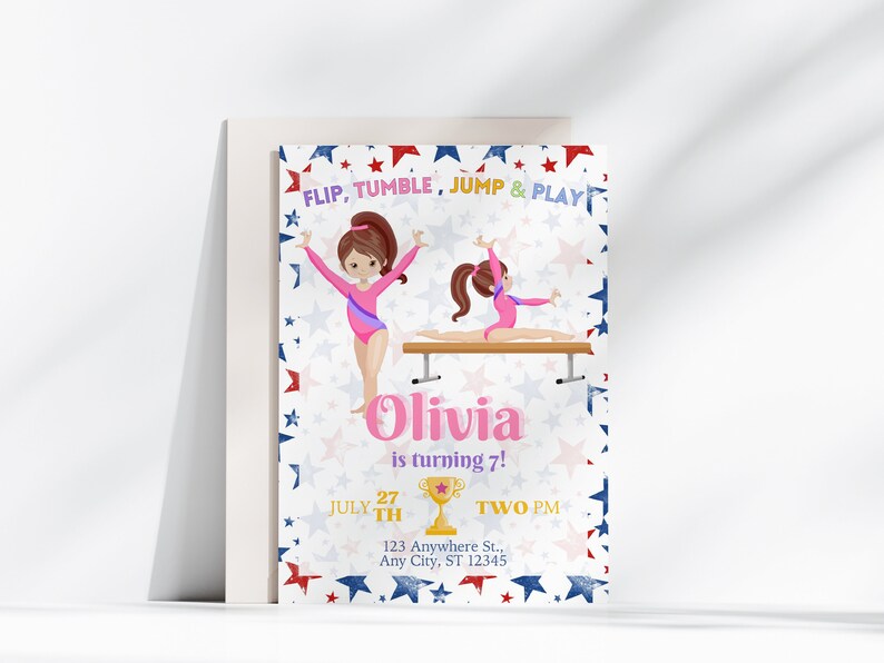 Gymnastics Birthday Invitation USA Theme, Flip Tumble Jump Play Girls ...