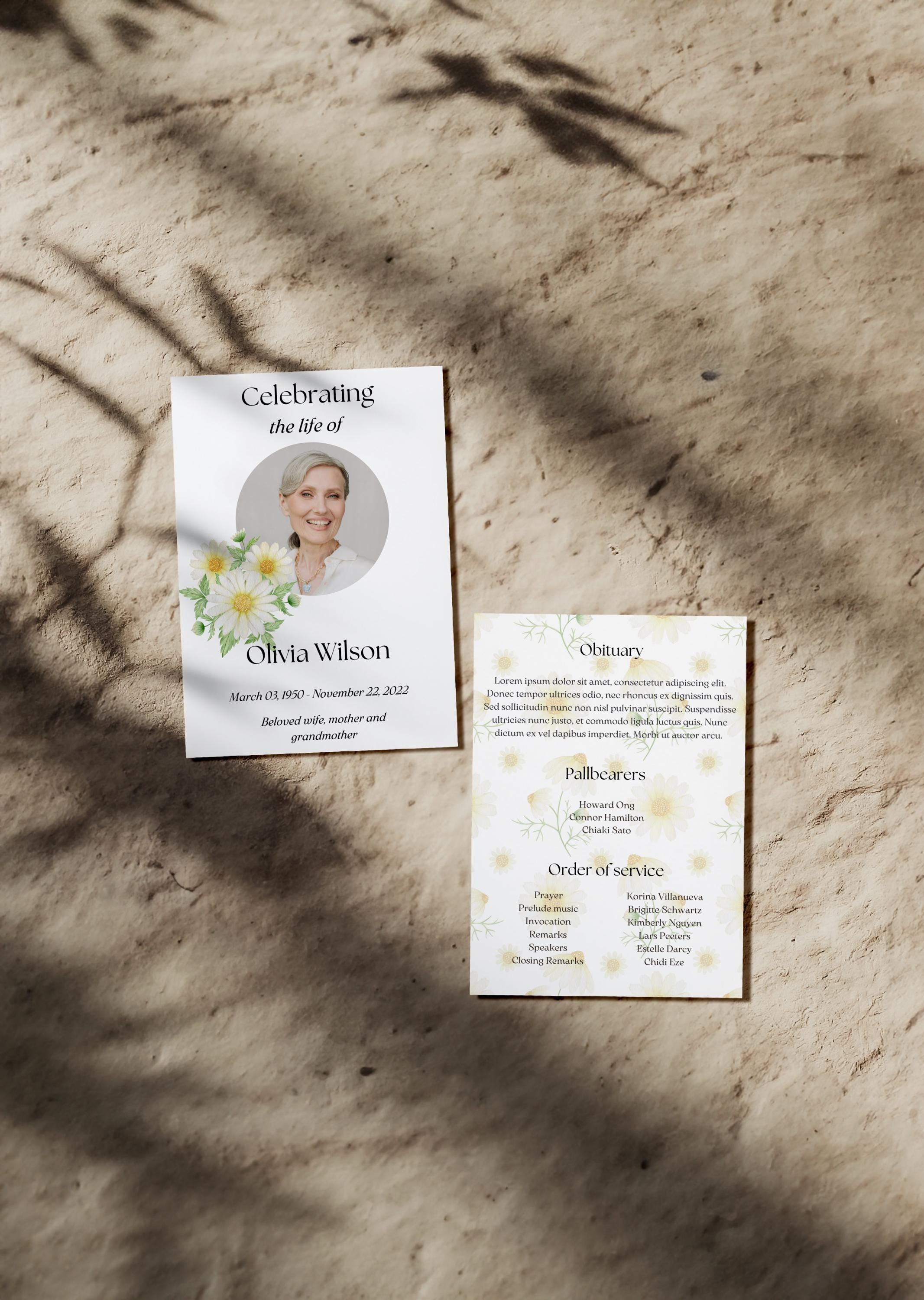 Funeral Program Template for Woman White Yellow Daisies Flowers ...