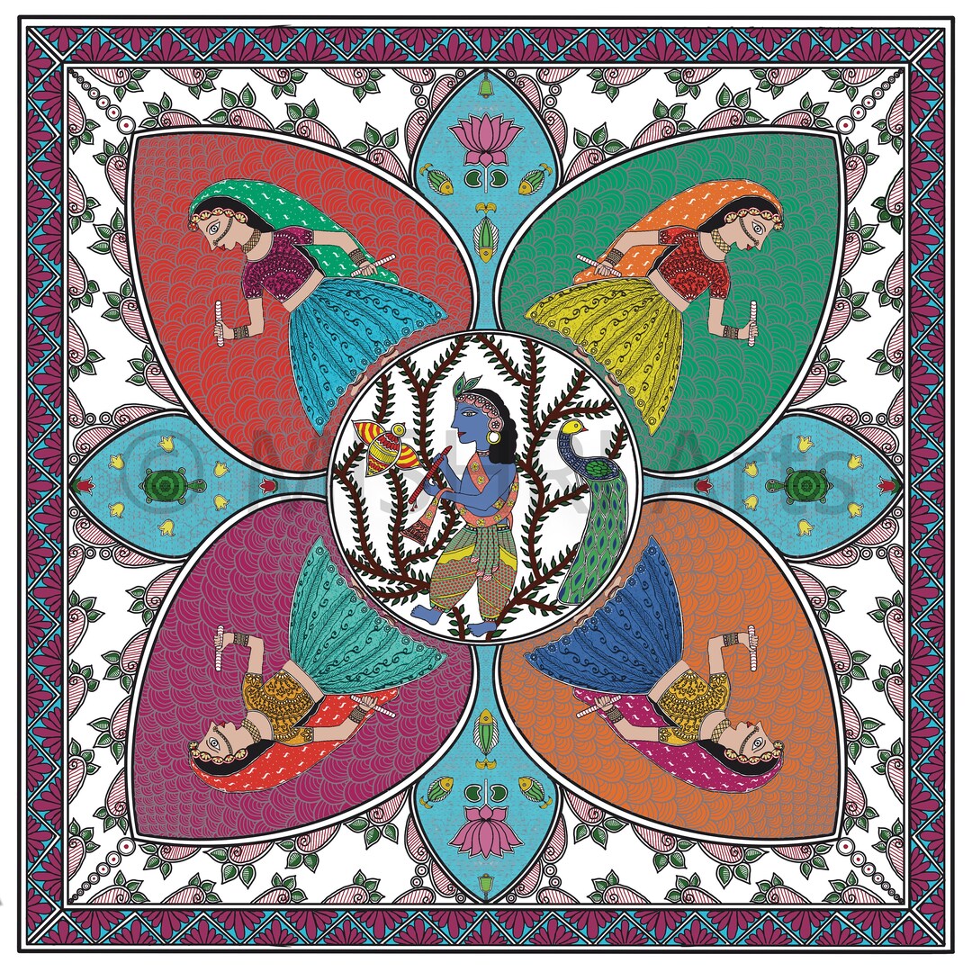 Mithila Art Madhubani Painting Digital Art Krishna Gopi - Etsy