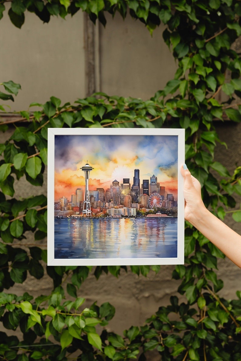 Seattle Watercolor Digital Art Print Seattle Cityscape Wall Décor ...