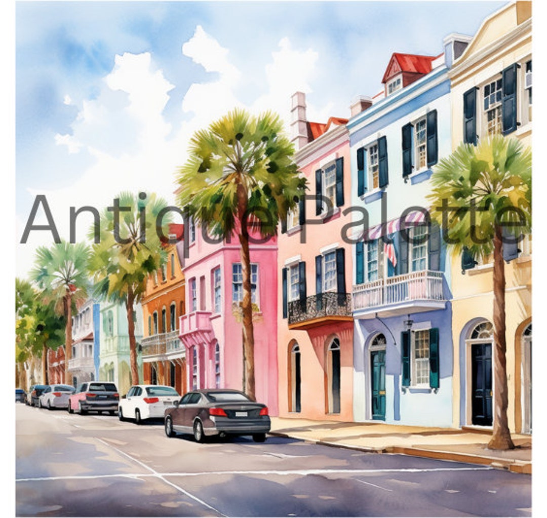 Rainbow Row Watercolor Digital Art Print Charleston Wall Décor Instant ...