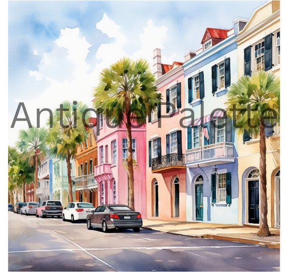 Rainbow Row Watercolor Digital Art Print Charleston Wall Décor Instant ...