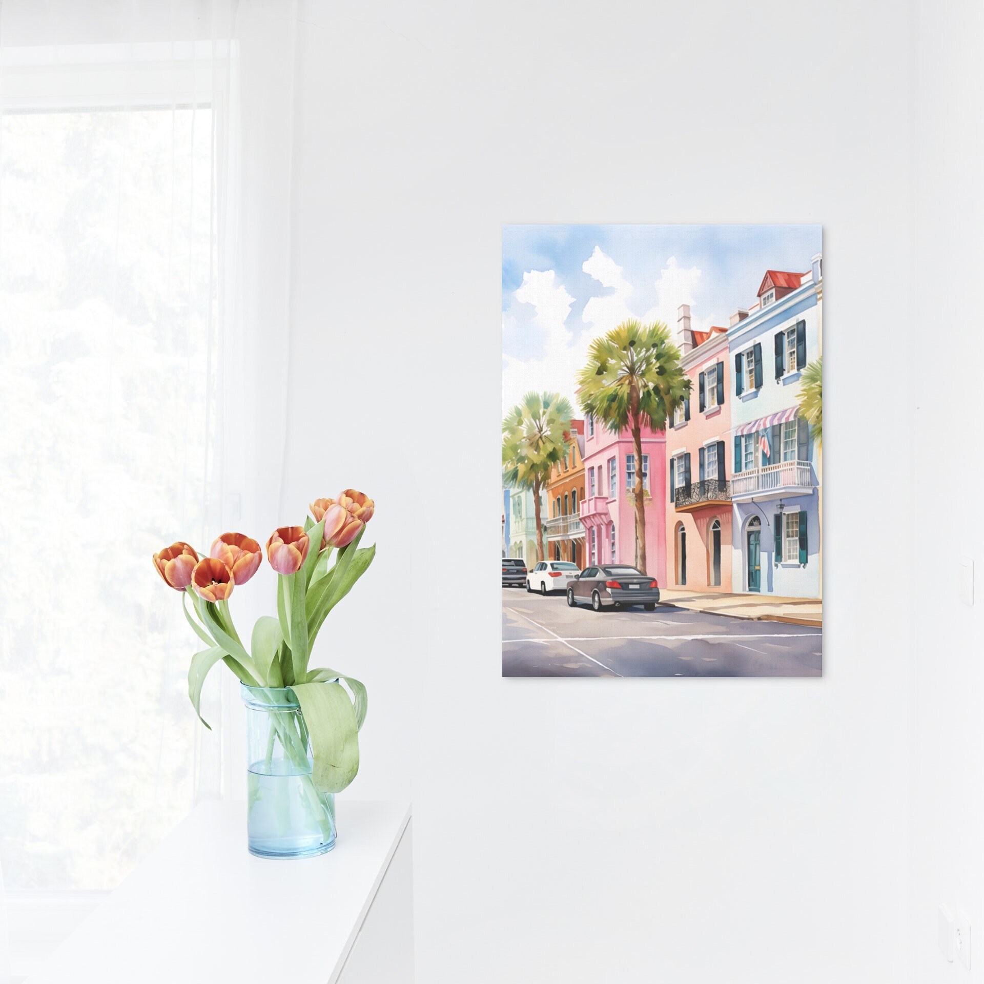 Rainbow Row Watercolor Digital Art Print Charleston Wall Décor Instant ...