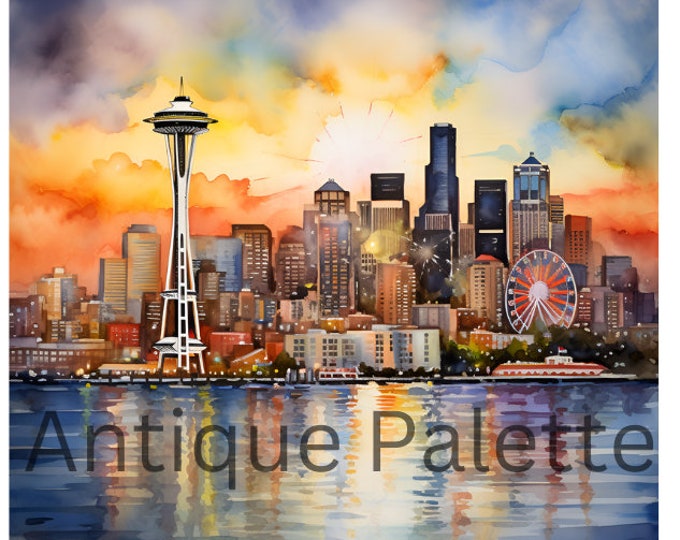 Seattle Space Needle Seattle Skyline Print From a Watercolor Sketch ...