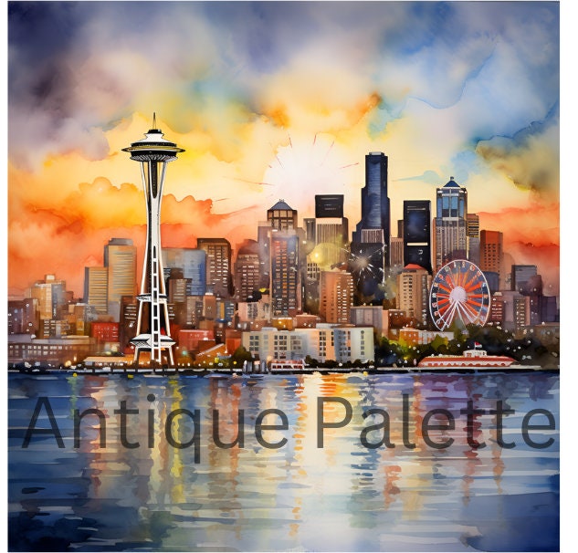 Seattle Watercolor Digital Art Print Seattle Cityscape Wall Décor ...