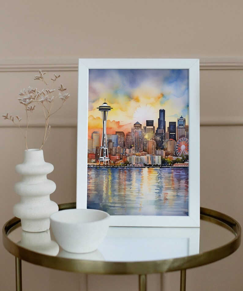 Seattle Watercolor Digital Art Print Seattle Cityscape Wall Décor ...