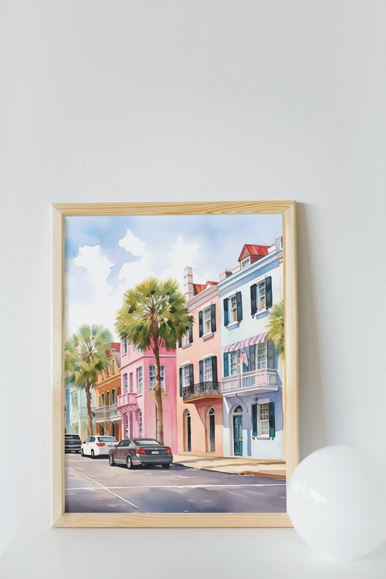 Rainbow Row Watercolor Digital Art Print Charleston Wall Décor Instant ...