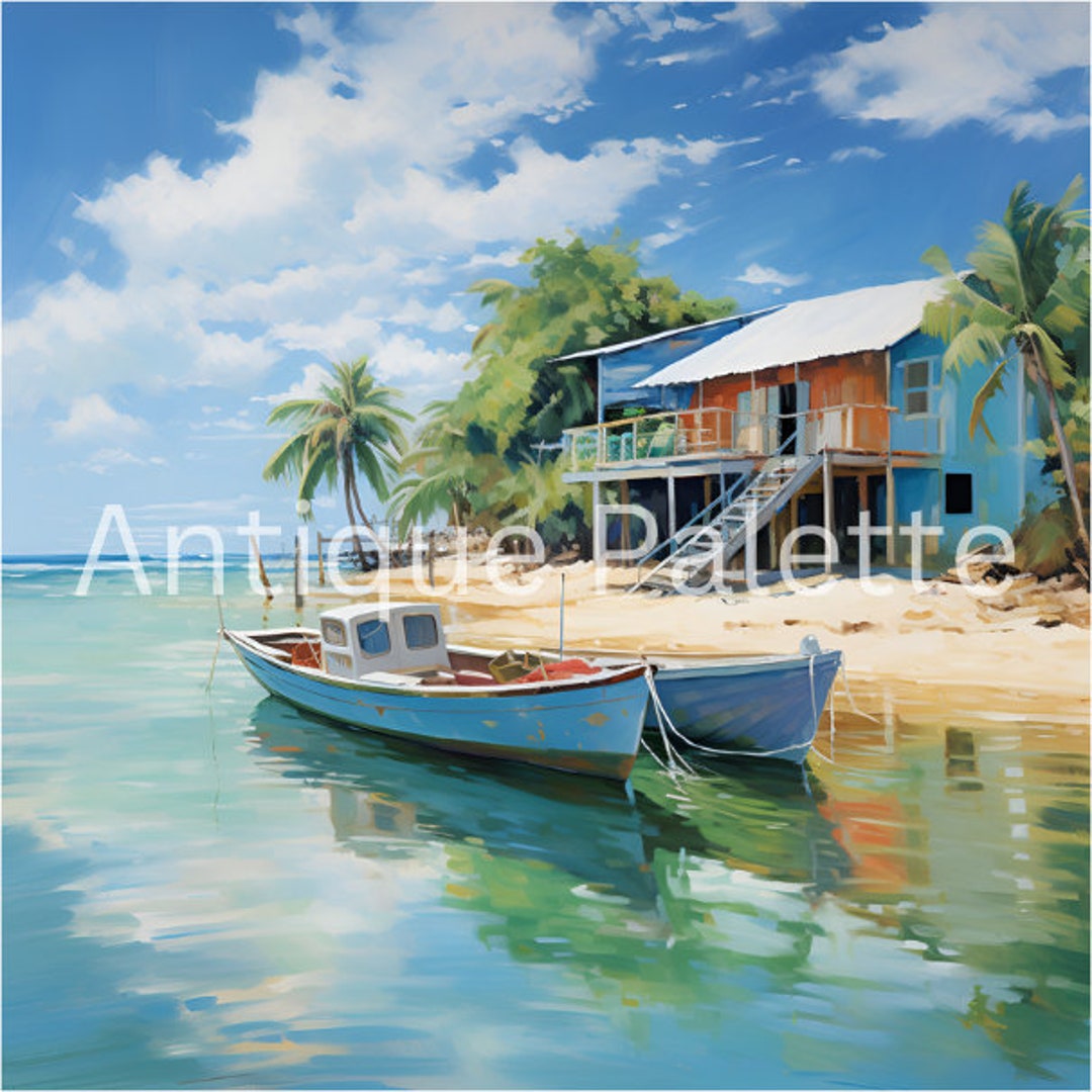 Watercolor Caribbean Digital Art Print Tropical Beach Wall Décor ...