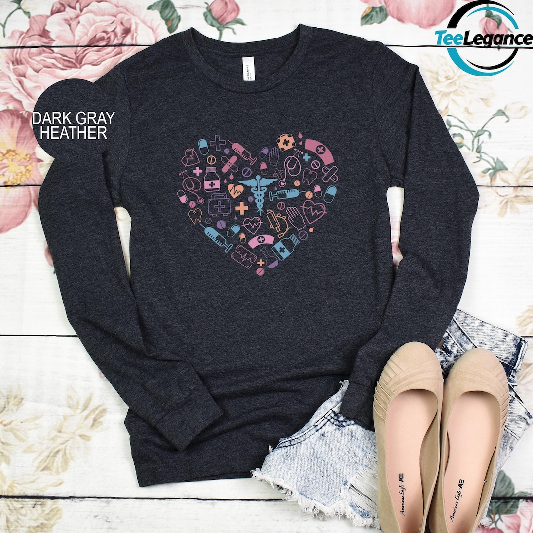 Nurse Unisex Long Sleeve, Medical Themed Heart Design Long Sleeve, Cute ...