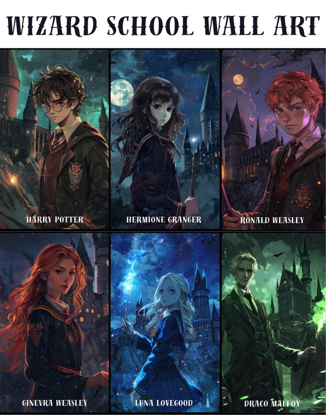 Harry Potter Wall Art Cartoon Style Printable Wizard School Framed ...